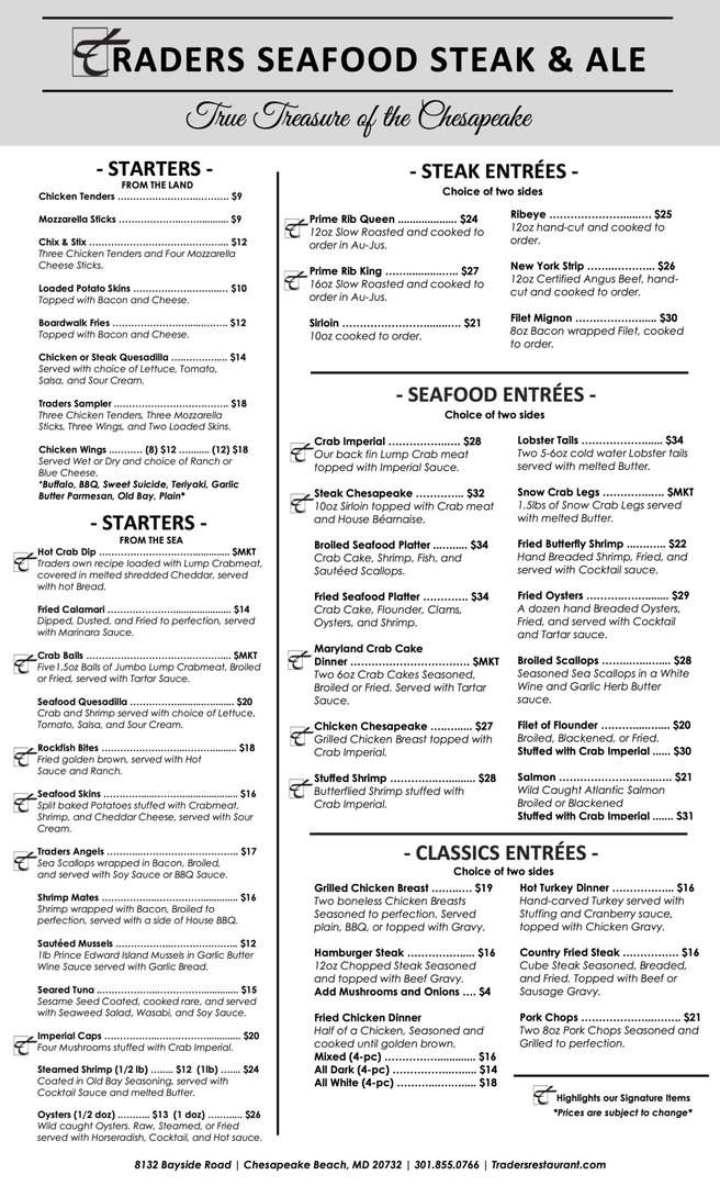 Menu - Traders Seafood Steak and Ale