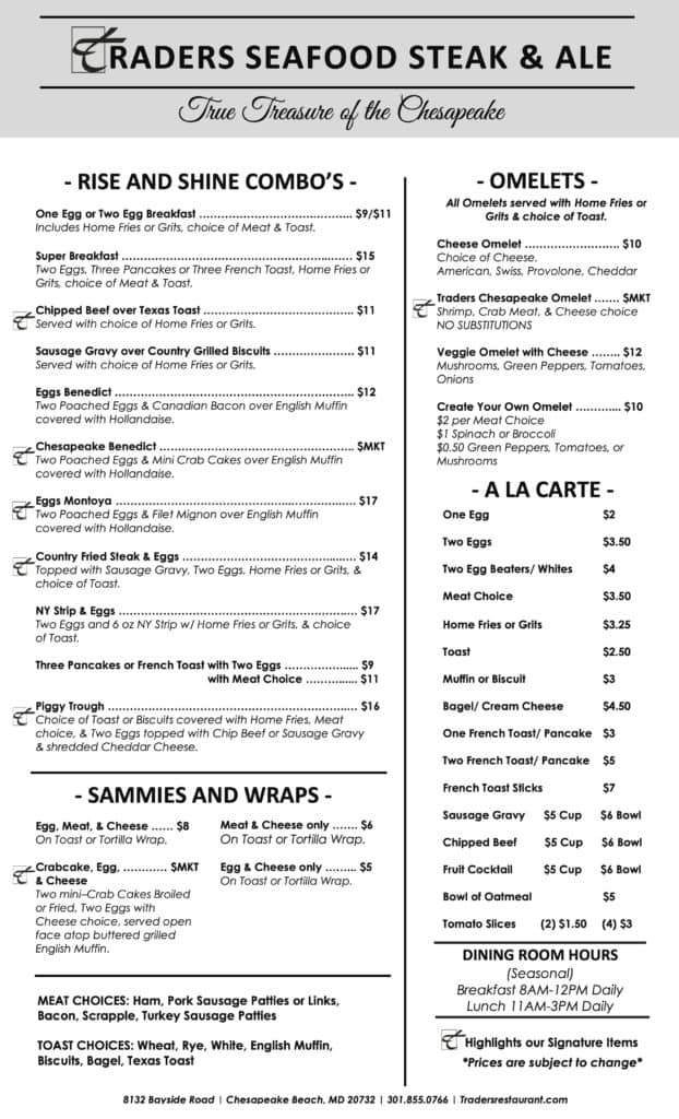 Menu - Traders Seafood Steak and Ale