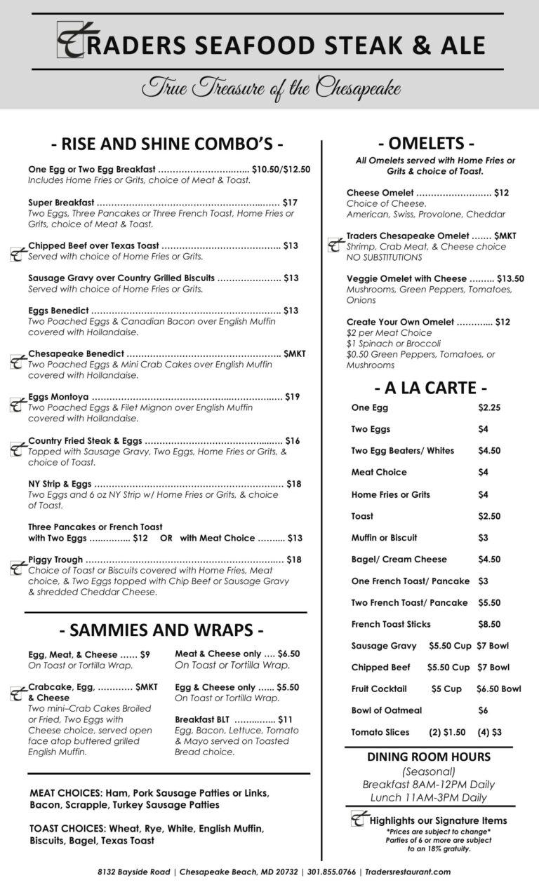 Menu - Traders Seafood Steak and Ale